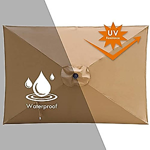 Aok Garden 6.5FT × 10FT Solar LED Lighted Patio Umbrella with Push Button Tilt and Sturdy Aluminum Ribs for Deck Lawn Pool & Backyard - Coffee