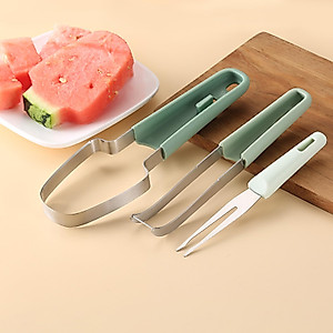 Zhaolie 3-in-1 Watermelon Fork Slicer Cutter，Stainless Steel Watermelon Popsicle Cutter Watermelon Cutter Slicer Tool Melon Cutter Knife Portability Fruit Fork Set for Camping Kitchen Gadgets, Green