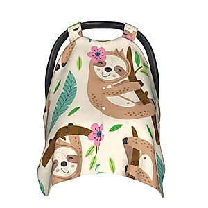 Rutiea Seamless Pattern with Cute Sloth Car Seat Cover for Babies, Peekaboo Opening Minky Carseat Canopy Stroller Cover for Newborn, Mom Nursing Breastfeeding Covers, Blanket for Infant Toddler