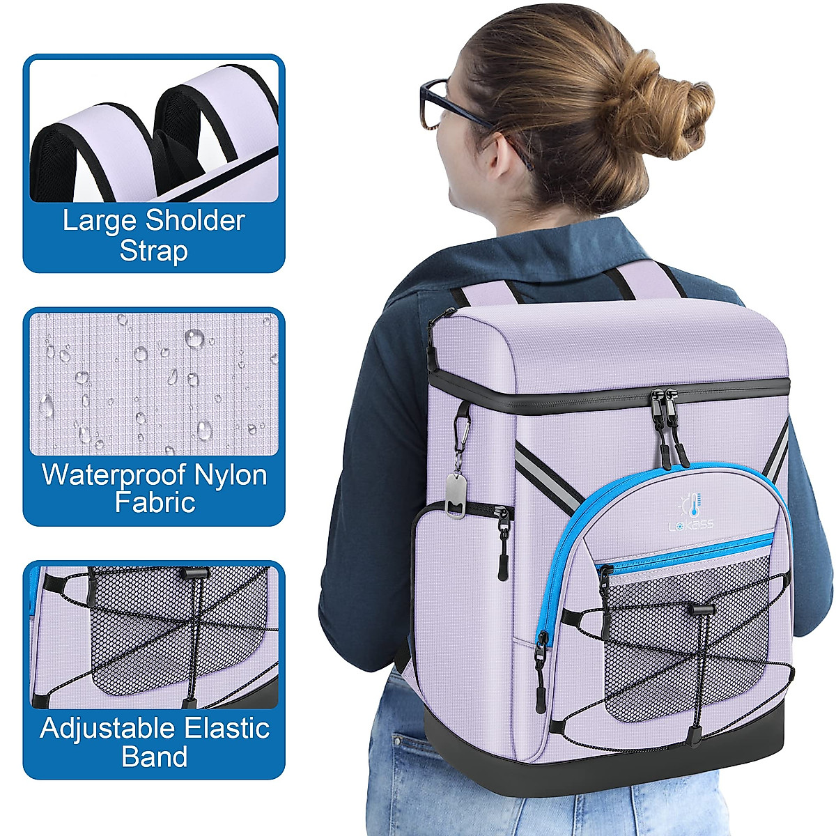 Backpack Cooler for 40 Cans, Leakproof Cooler Backpack Insulated Waterproof with 3 Ice Packs Insulated Soft Coolers for Beach Hiking Camping Fishing Picnic - Light Purple