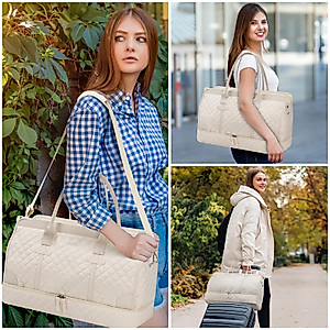 ETRONIK Weekender Overnight Bag for Women, Large Travel Duffle Bag with Shoe Compartment & Wet Pocket, Carry On Tote Bag Gym Duffel Bag with Toiletry Bag for Hospital 4 Pc Set, Large Size, Off-white