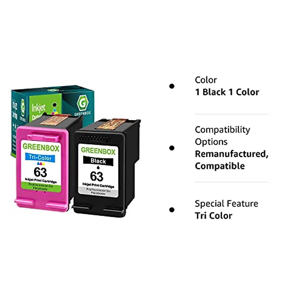 GREENBOX Remanufactured Ink Cartridge Replacement for HP 63 63 to use with OfficeJet 3830 Envy 4512 4520 Officejet 4650 5255 Deskjet 1112 3634 3632 3639 Printer (1 Black 1 Color)