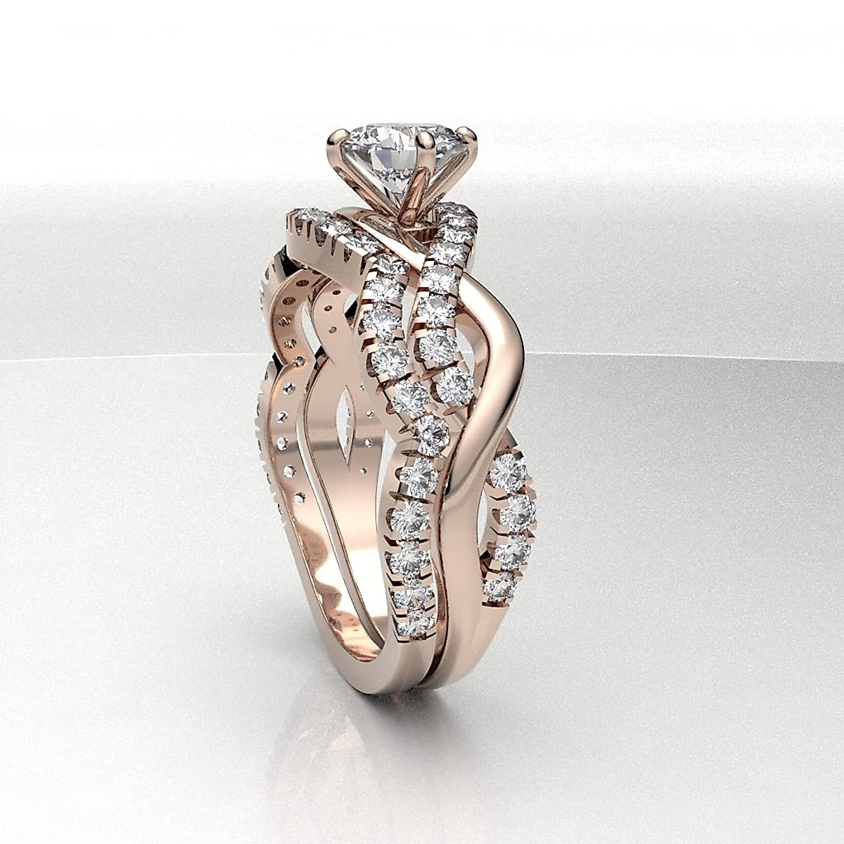 0.70 Carat TCW Round Diamond Infinity Engagement Ring Set 14K Gold Ladies Wedding Band 0.33 Carat Solitaire Diamond Split Shank Pave Set Stackable Ring For Women Color HI / Clarity I1 (rose-gold)