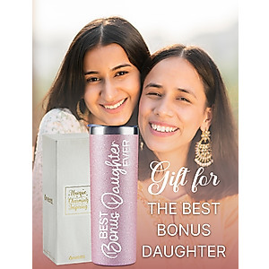 Onebttl Bonus Daughter Gift - 20oz Stainless Steel Travel Mug With Lid and Straw for Birthday, Christmas or Thanksgiving - Best Daughter Ever Glitter Rose