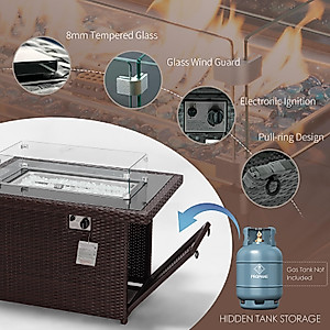 NICESOUL Wicker Outdoor Fire Pit Table Natural Gas/Propane, 43'' Rectangular Firepit Table for Outside, 55000 BTU Patio Fireplace Tables with Windguard&Glass Rocks&Cover, Modern CSA Firepits, Brown