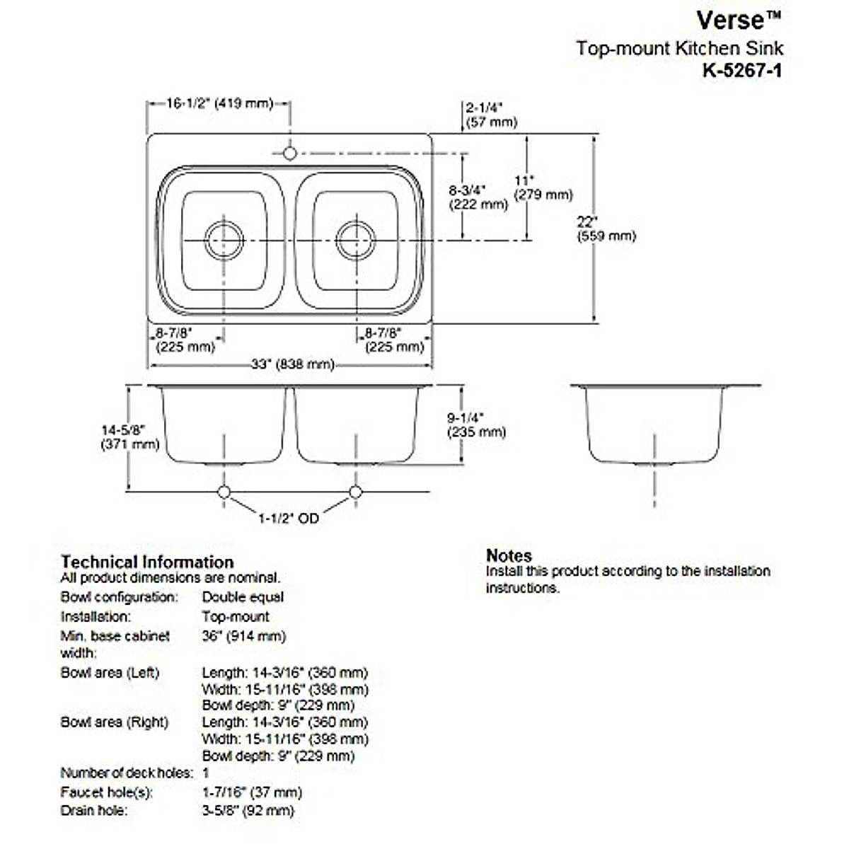 KOHLER 5267-1-NA Verse 33" X 22" X 9-1/4" Top-Mount Double-Equal Bowl Kitchen Sink With Single Faucet Hole, Stainless Steel