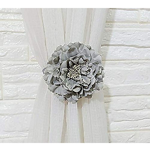 CHICTIE 2 Piece Large Cloth Flower Magnetic Curtain Tieback Wedding Decorative Holdbacks Rope American Rustic Style Drapery Holder Clip for Girl's Room (Grey)