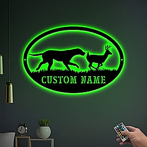 Rustic Home Decor, Foxhound with Deer Metal Wall with Lights, Deer Hunting Scene Metal Art, Metal Foxhound Decor, Dog Name Sign, Dog Name Sign,Front Door Decor