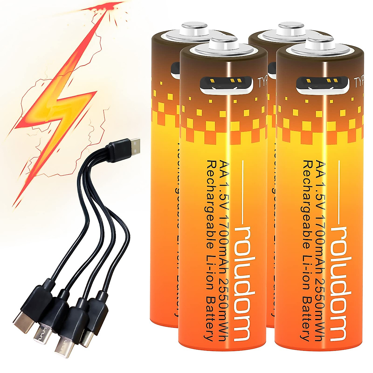 Roludom AA Rechargeable Batteries 1.5V / 2600mAh, USB-C AA Battery Lithium-ion Battery, 1.5h Fast-Charge,Not Need Extra Batteries Charger, The Battery can be Recycled 1200 Times-4 Pack