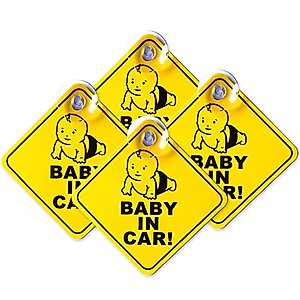 Baby on Board Sign (Pack of 4)- Safety Signs Need for Cars.Kids Safety Warning Sticker Notice Board with Suction Cups.Child On Board Suction Signs for Car Window Cling 5"x5" (Pattern Baby)