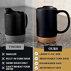 Cork Base Ceramic Mug with Lid (Set of 2) - 17 oz. Oversized Coffee Mugs Set with Removable Insulated Cork Bottom & Spillproof Lids - Great for Tea & Hot Cocoa - Wash in Dishwasher - BLACK