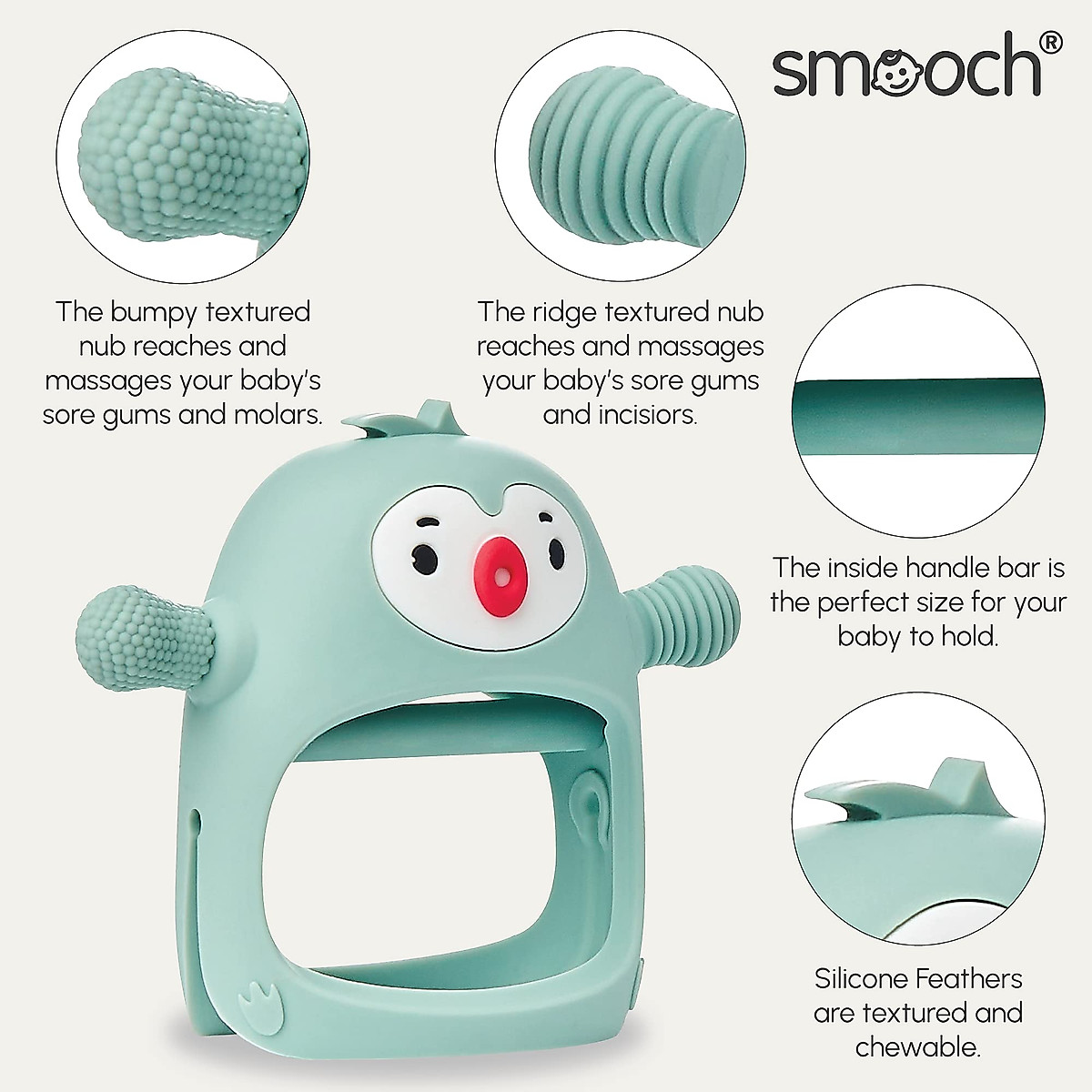 Smooch Penguin Mitten Teething Toys for Babies 0-6 Months, 12, 18 - Penguin Teethers for Babies are Easy to Hold, Silicone Baby Teether Toys - Provides Teething Pain Relief (Mint & Coral)