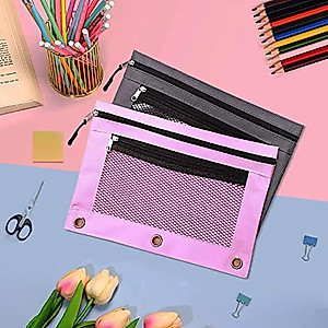 Pencil Pouch for 3 Ring Binder, 2 PCS Double Layer Binder Pencil Case with Zipper Puller, Transparent PVC Mesh Window Oxford Pencil Holder 3 Ring Binder Pencil Cases, Smooth Metal Zipper Pencil Pouches Set for School& Office Supplies