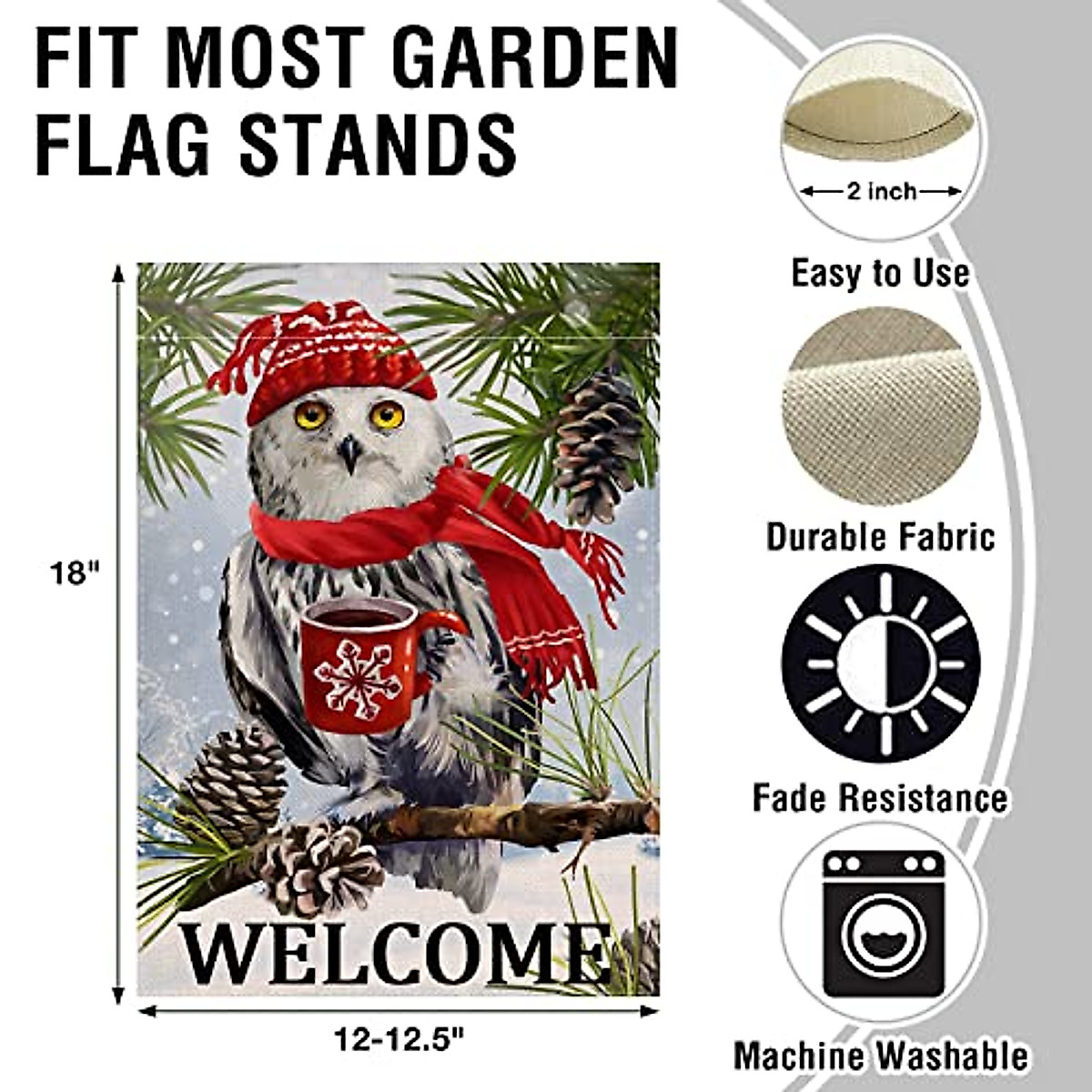 Artofy Welcome Winter Owl Coffee Pinecones Home Decorative Garden Flag Snow, Pine Trees Branches House Yard Outside Decor, Christmas Snowflakes Farmhouse Outdoor Small Decoration Double Sided 12 x 18