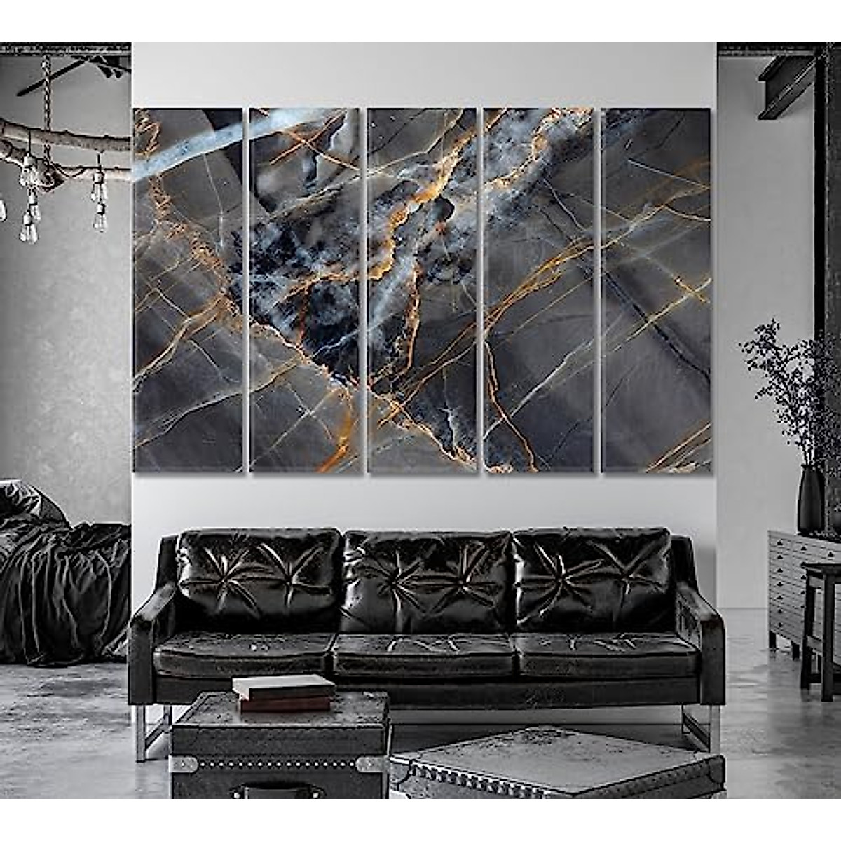 Yellow and Dark Gray Marble Canvas Print 5 Panels / 36x24 inches
