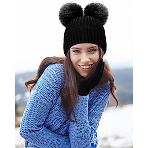 2 Pieces Satin Lined Winter Hats Women Pom Beanies Winter Knitted Pom Hat Touchscreen Gloves Set for Women Girls