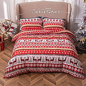 MILDLY Christmas Duvet Cover Set - 100% Brushed Microfiber Snowflake Reindeer Printed Winter Theme Comforter Cover Set
