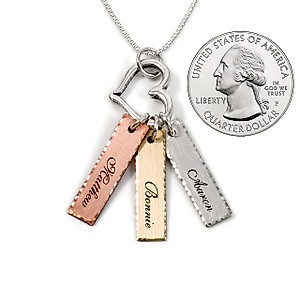 Mixed Tone Triple Bar Sterling Silver Personalized Necklace with Heart Charm. 14k Gold Plated, Rose Gold Plated, and Sterling Silver charm. Choice of Sterling Silver Chain. Gifts for Her, Mom, Wife