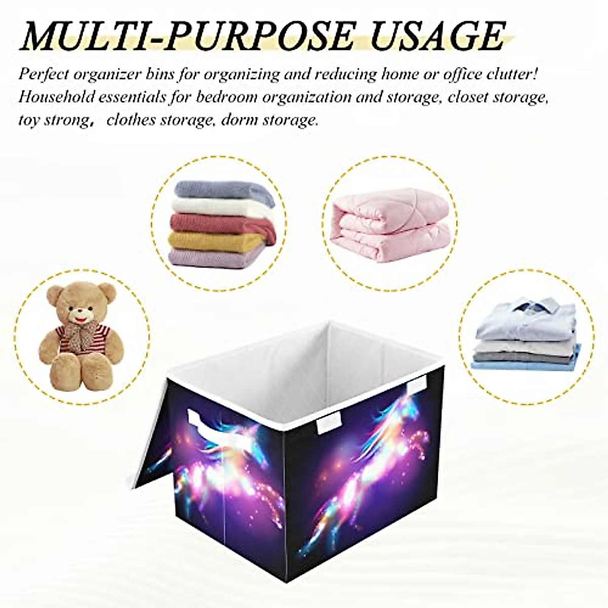 linqin Towel Storage Box with Handle for Living Room Purple Glowing Unicorn Storage Containers Foldable Photo Box