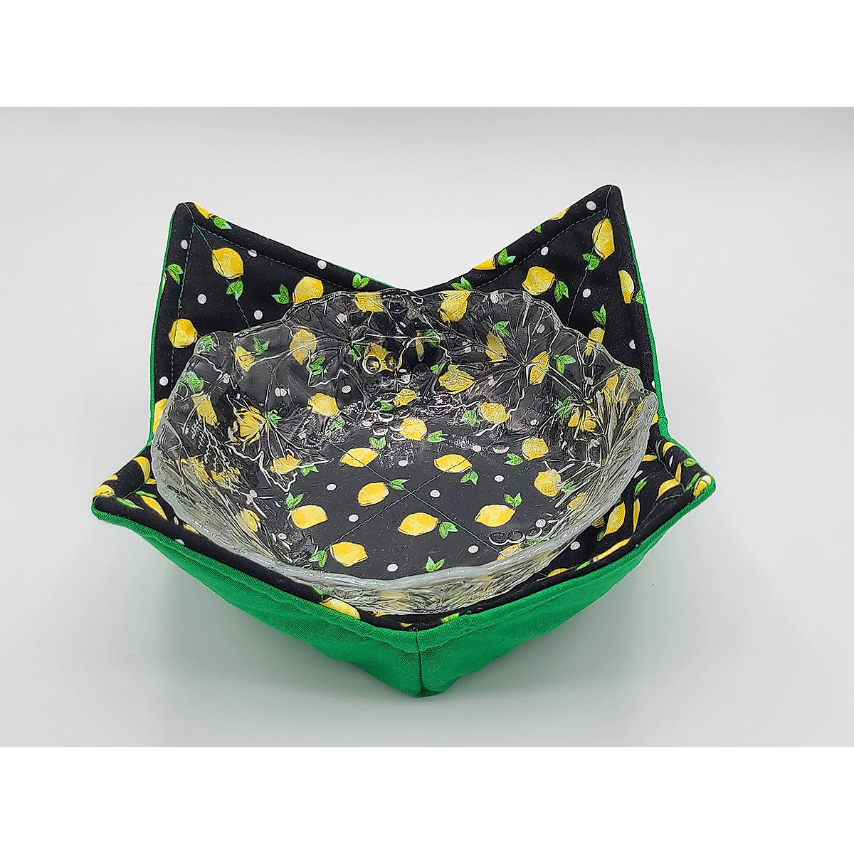 Lemon Polka Dot Microwave Bowl Cozy Vintage Inspired Reversible Microwaveable Potholder Retro Soup Buddy Kitchen Linens 50s Diner Handmade Housewarming Hostess Teacher Gifts Under 10