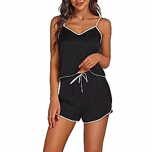 LYANER Women's Satin Silk Pajamas V Neck Cami Top with Shorts PJ Sst Sleepwear Black Large