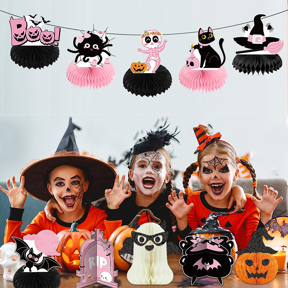 12Pcs Halloween Honeycomb Centerpieces Pink Black Halloween Baby Shower Birthday Party Decorations for Girl Halloween Table Centerpieces Decorations