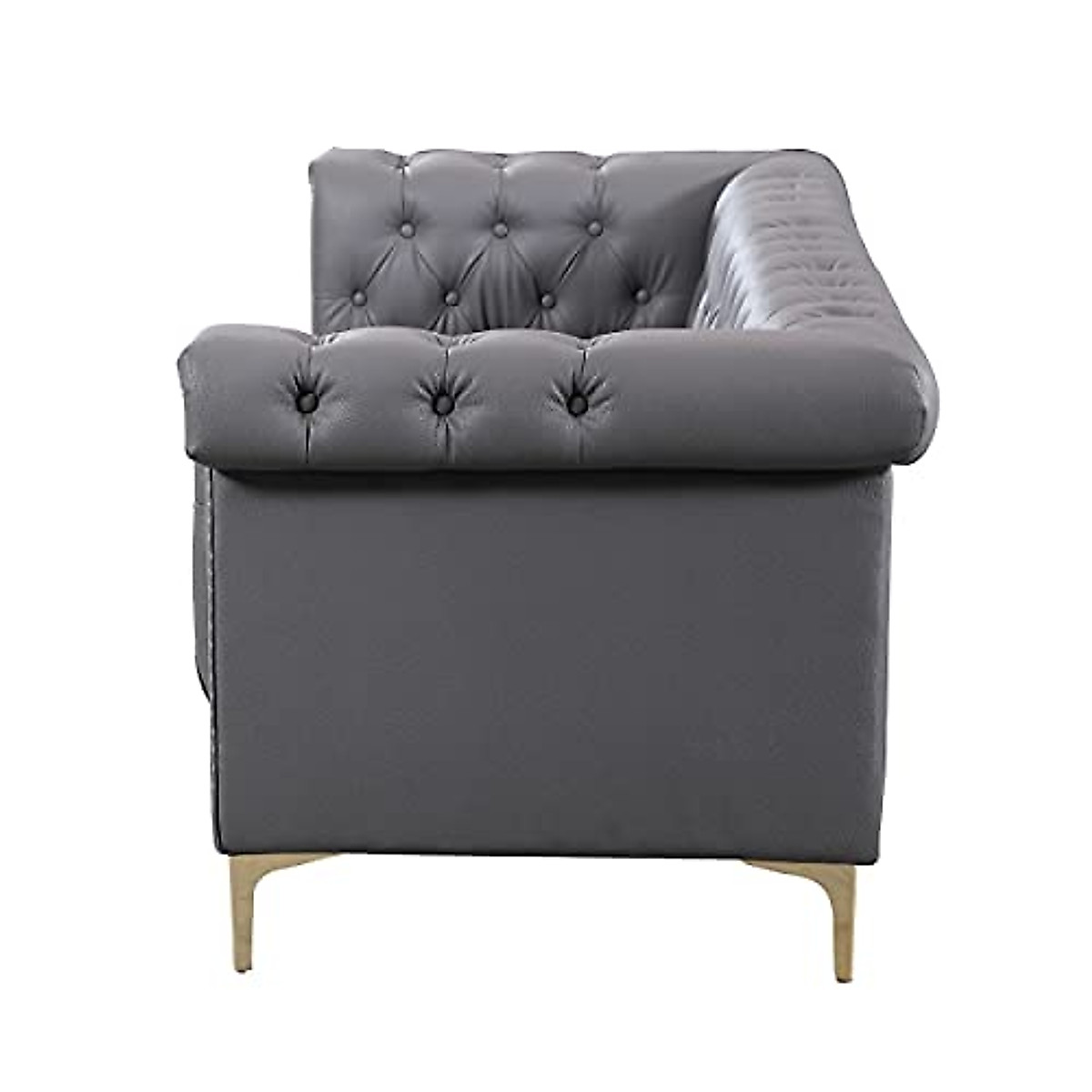 Iconic Home Winston Nail Head Tone Legs PU Leather Modern Contemporary Button Tufted with Gold Nailhead Trim Goldtone Metal Y-Shaped Feet Sofa, Grey