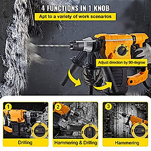 VEVOR Hammer Drill, 1500W 1.26", 13A Rotary Hammer with 3-Mode for Hammering & Drilling Concrete, SDS Plus Breaking Machine with Case, Bits, Chisels and Vibration Control System