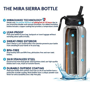 MIRA Water Bottle with Straw and Handle Lid Vacuum Insulated Stainless Steel Metal Thermos Bottle - Reusable Leak Proof Keep Cold Sports Flask - 32 oz, 2 Lids, Black