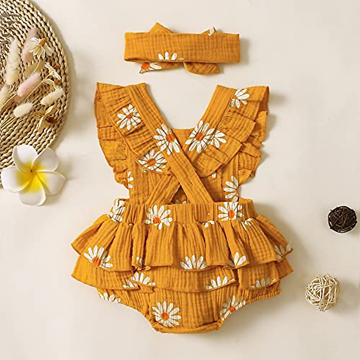 PATPAT Newborn Baby Girl Clothes Daisy Print Crepe Fabric Baby Romper Set Infant Girl Outfits 2PC Set 100% Cotton(Ginger,6-9 Months)