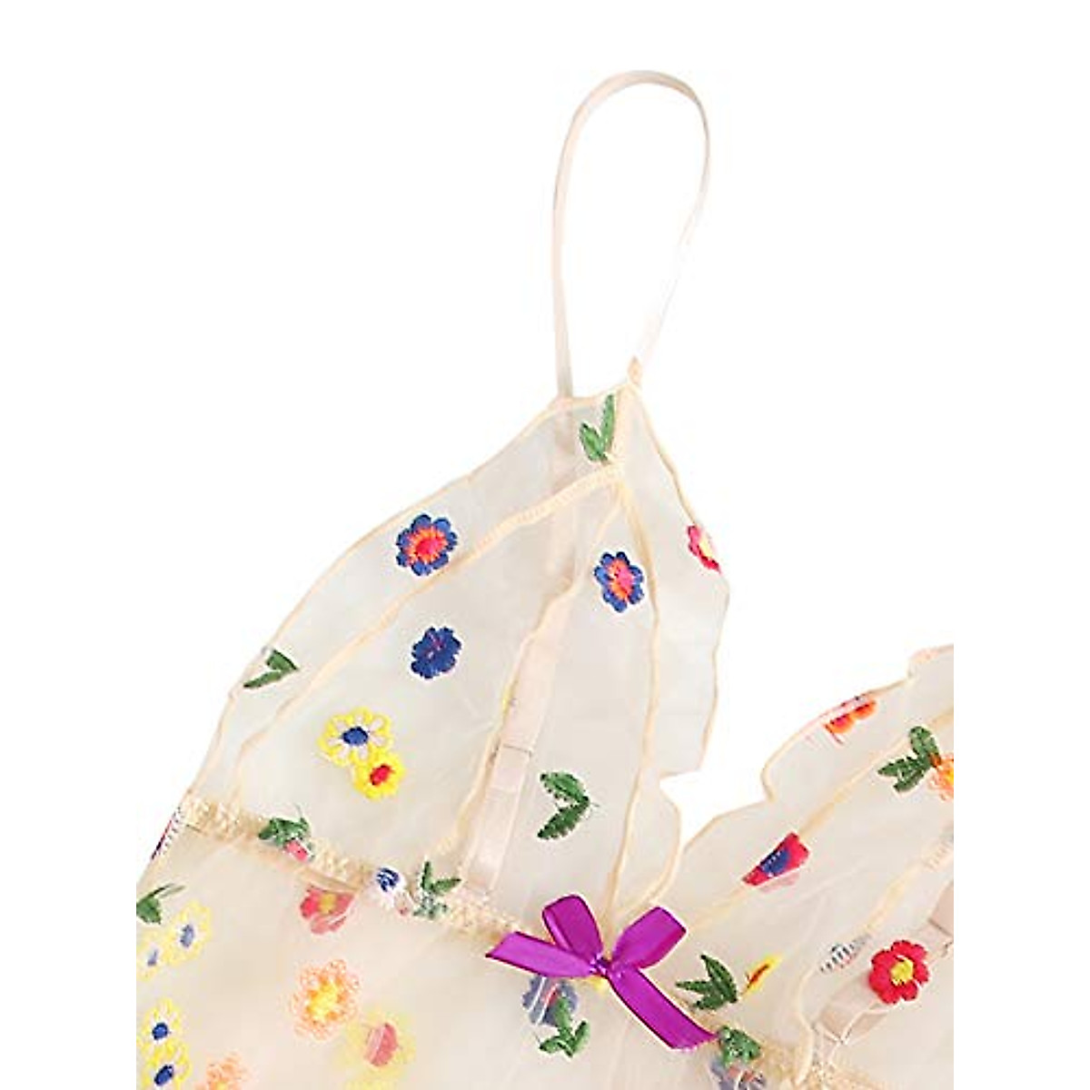 Verdusa Women's Floral Embroidered Sheer Mesh Bralette Top Shorts Lingerie Set Apricot L