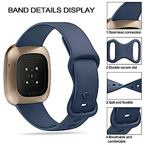 3 Pack Silicone Bands for Fitbit Sense Bands Fitbit Versa 3 Bands Women Men, Classic Soft Sport Bands Replacement Wristbands for Fitbit Sense/Versa 3 Smart Watch (Black/Navy Blue/Gray, Large)