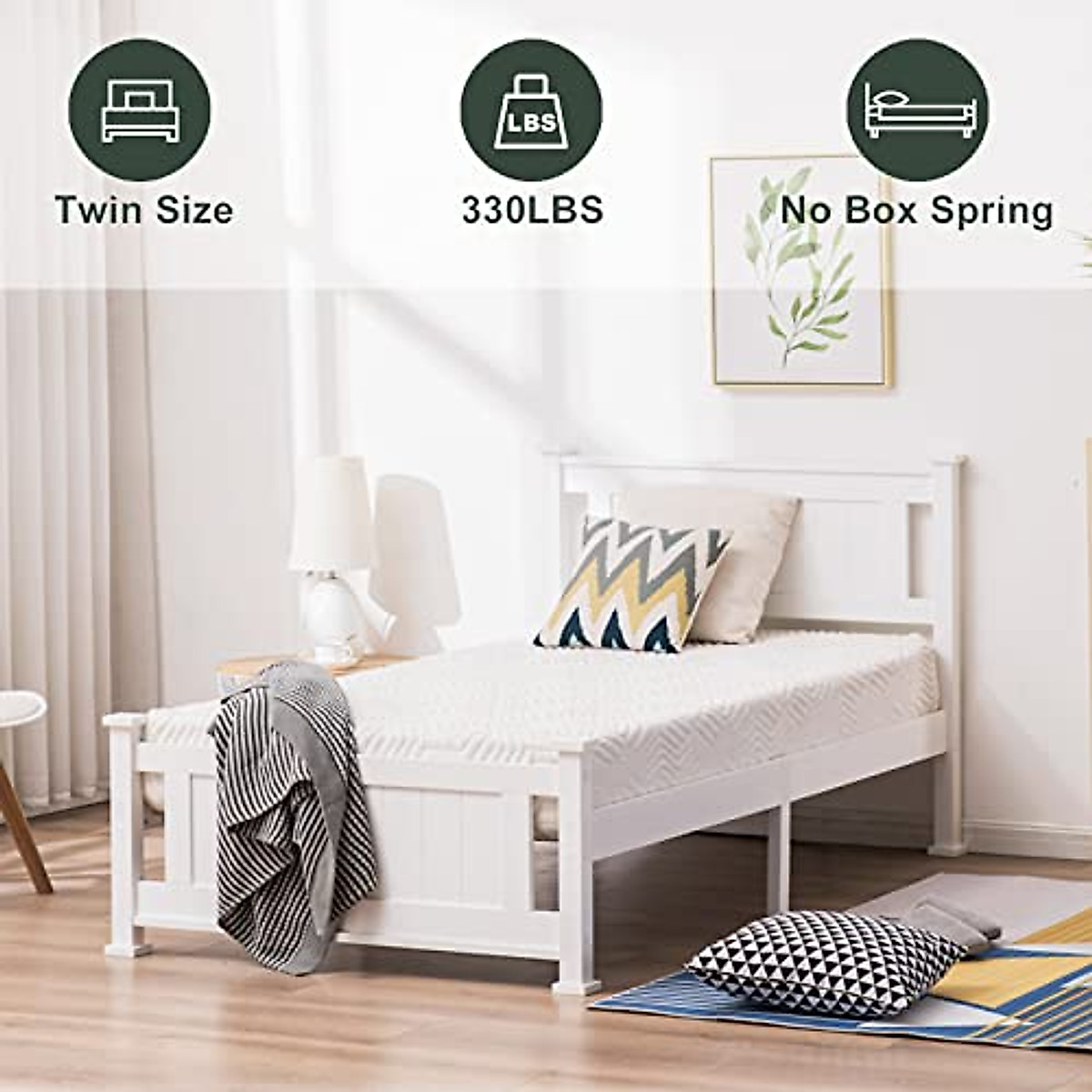 Bonnlo White Twin Bed Frame with Headboard,Modern Wood Bed Single Bed for Adults, No Box Spring Needed Panel Bed, Wood Slat Support Mattress Foundation