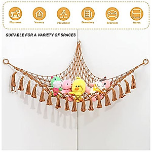 JIELAIMI Stuffed Animal Toy Storage Organizer, Toy Storage Hammock with Decorative Tassels Corner Large Capability Toy Net Holder (brown)