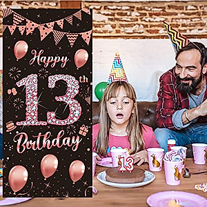 Lnlofen 13th Birthday Door Banner Decorations for Girls, Large 13 Year Old Birthday Party Door Cover Backdrop Supplies, Rose Gold Happy 13th Birthday Poster Sign