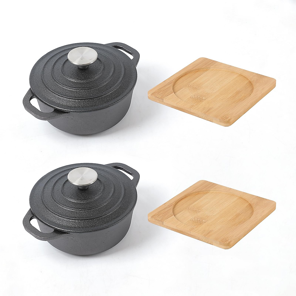 HAWOK Cast Iron Mini Round Cocotte Set, 0.7QT Mini Dutch Ovens with Lids and Bamboo Trays, 667ml/22.57oz/2.82cups, Set of 2, Black