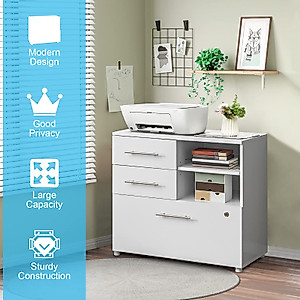 Giantex 3-Drawer Lateral File Cabinet - Under Desk Printer Stand with Storage Shelves, Hanging Bar for Legal/Letter Size Files, Lockable Filing Cabinet for Home Office Organization (White)