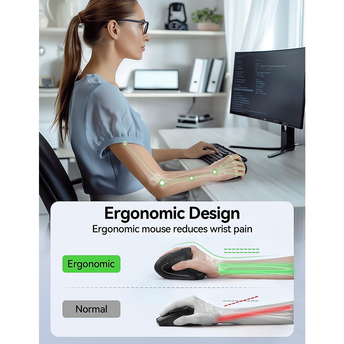 TECKNET Ergonomic Mouse, Rechargeable Vertical Ergo Mouse Wireless, Silent 2.4GHz 6 Buttons Optical Carpal Tunnel Mouse, 5 Adjustment Levels, Up to 4800DPI Wireless Mouse for Laptop, Desktop, PC