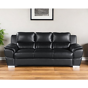 HomeRoots 85" Black Leather Sofa with Silver Legs