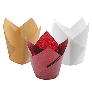 Aunifun 180 Pieces of Tulip Baking Paper Cups Cupcake Muffin Liners Pans Wrappers in 3 Colors, White, Natural, Brown