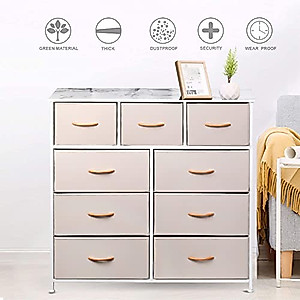CERBIOR Wide Drawer Dresser Storage Organizer 9-Drawer Closet Shelves, Sturdy Steel Frame Marbling Wood Top with Easy Pull Fabric Bins for Clothing, Blankets (9-Cream Drawers)