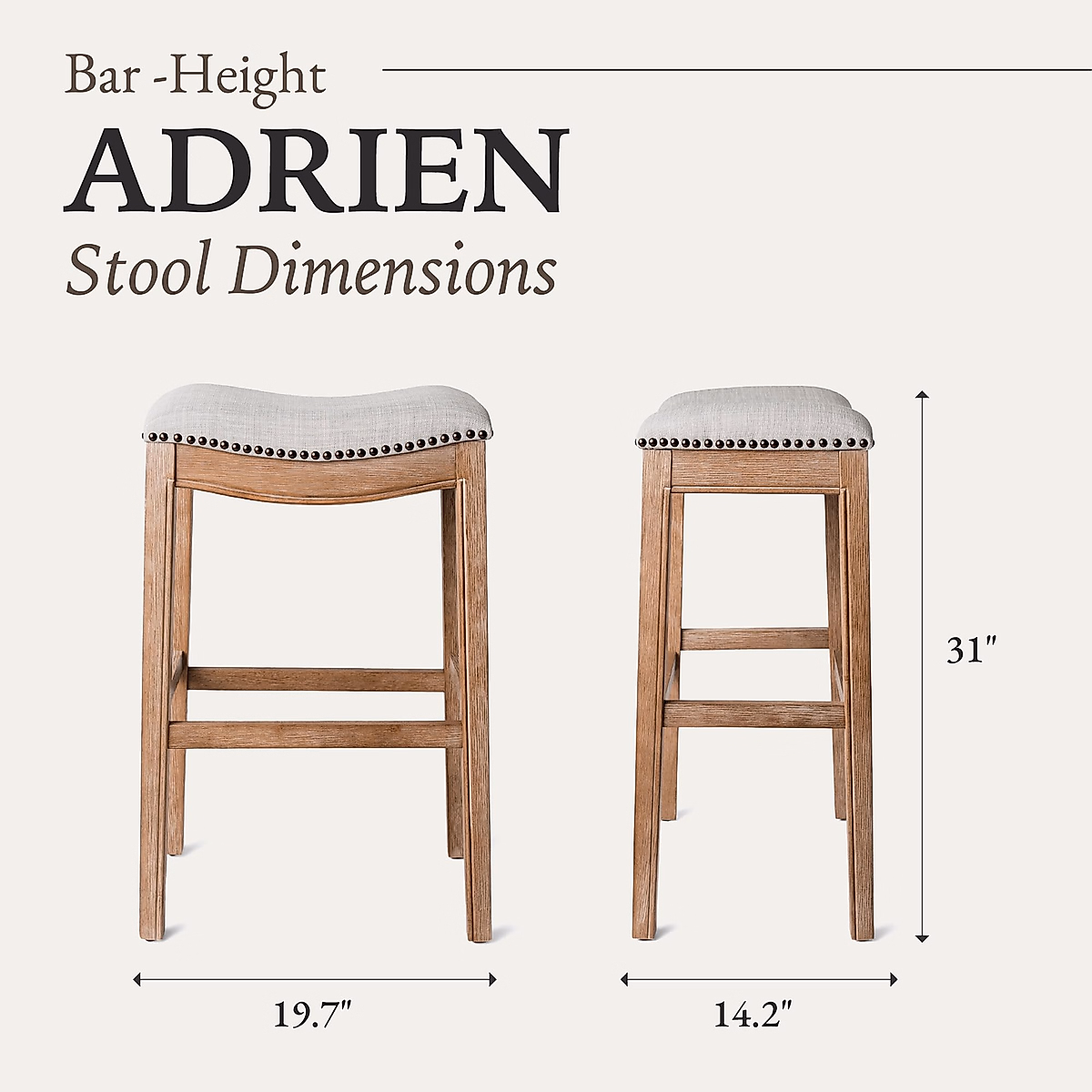 Maven Lane Adrien 31 Inch Bar Height Upholstered Backless Saddle Barstool in Weathered Oak Finish with Sand Color Fabric Cushion Seat, Set of 4