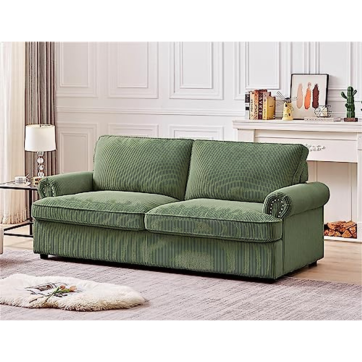 Container Furniture Direct Reversible Sleeper Sofa with Memory Foam Mattress, Comfortable and Durable Full Size Bed Couch for Living Rooms, Upholstered with Corduroy Fabric, 70" Wide, Dark Green