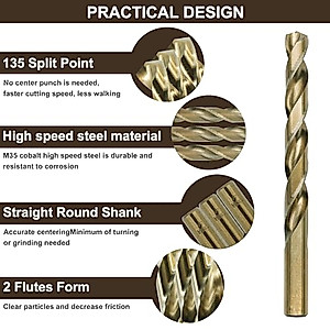 BeHappy Cobalt Drill Bit Set, 115Pcs M35 High Speed Steel Drill Bits, Twist Jobber Metal Drill Bit Set for Hardened Steel, Cast Iron, Plastic, Wood, Indexed Storage Case, 1/16"-1/2", A-Z, 1-60 Amber