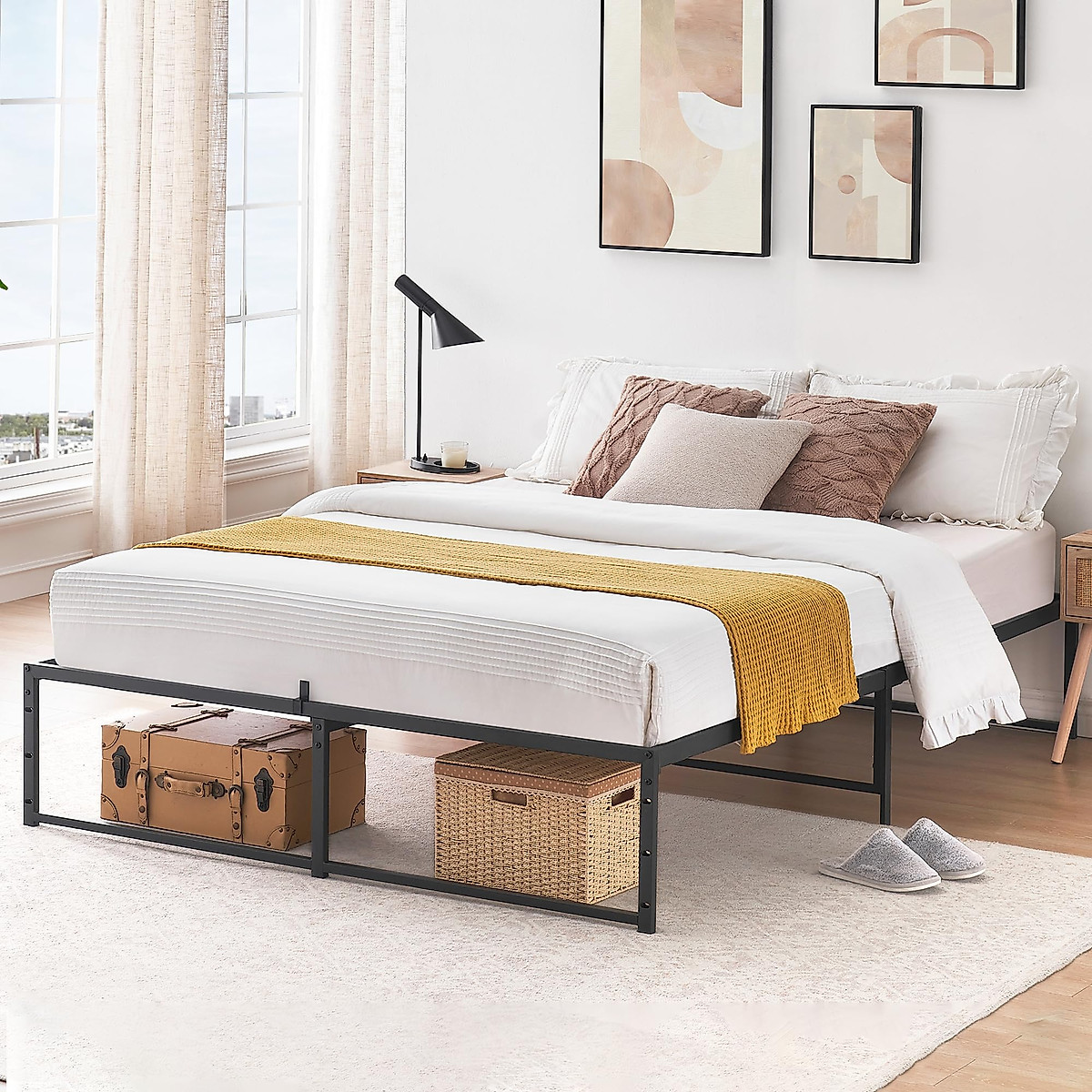 IDEALHOUSE Full Size Bed Frame, 14 inch Metal Full Bed Platform Frame with 3 in 1 Steel Support, No Box Spring Needed Easy Assembly Black Sturdy Bedframe - Full