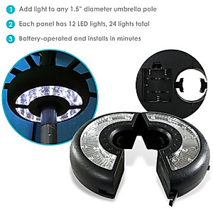Sunnydaze 24-LED Umbrella Lights 2-Panel Cordless Light Ring for Patio Umbrellas - Battery Operated - Black - Set of 2