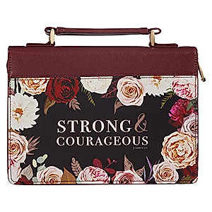 Christian Art Gifts Protective Faux Leather Fashion Bible Cover Carry Case with Handle for Women: Strong and Courageous - Joshua 1:9 Inspirational Bible Verse - Merlot Floral Rose Bouquet, Medium