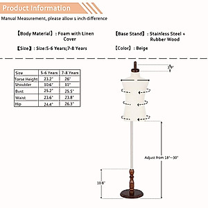 Bonnlo Upgraded Kid Dress Form, 5-6 years old, 7-8 years old, Toddler Mannequin Torse with Adjustable Rubber Wood Stand for Dress Jewelry Display (5-6 years old)