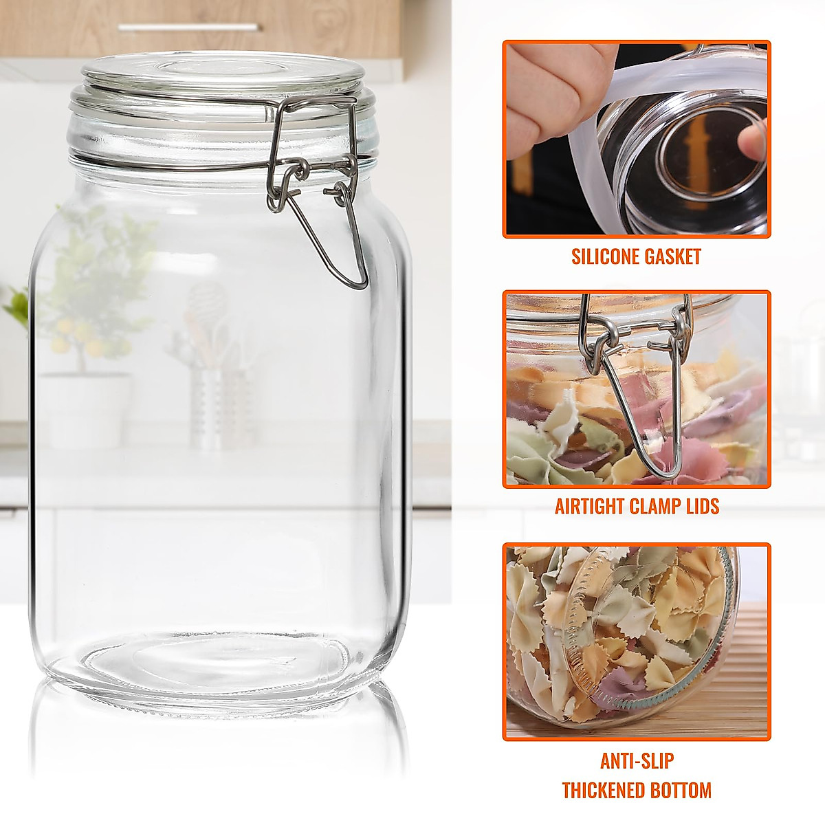 AuroTrends Glass Jars with Airtight Lid 50oz 4Pack, 1500ml Glass Canisters with Airtight Lids- Mason Jar with Clamp Lid for Pantry Storage (50 fl.oz, Set of 4)