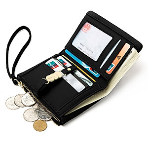 AOXONEL Womens Wallets Small Rfid Bifold Wristlet,Ladies Wallets for Card Coin,Change Purse with Wrist Strap (Black)